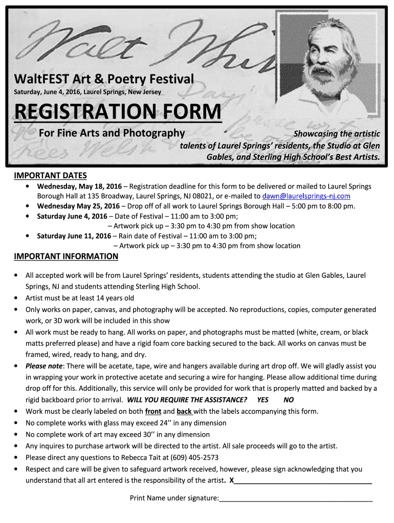 Fillable Online WaltFEST Visual Art bReg Formb - Laurel Springs bNJb ...