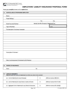 Fillable Online EMPLOYERS LIABILITY INSURANCE PROPOSAL FORM Please give ...