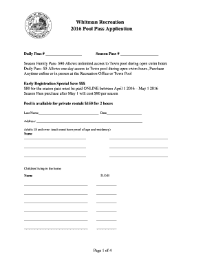 Fillable Online 2016 Pool Pass Application Form Fax Email Print - pdfFiller
