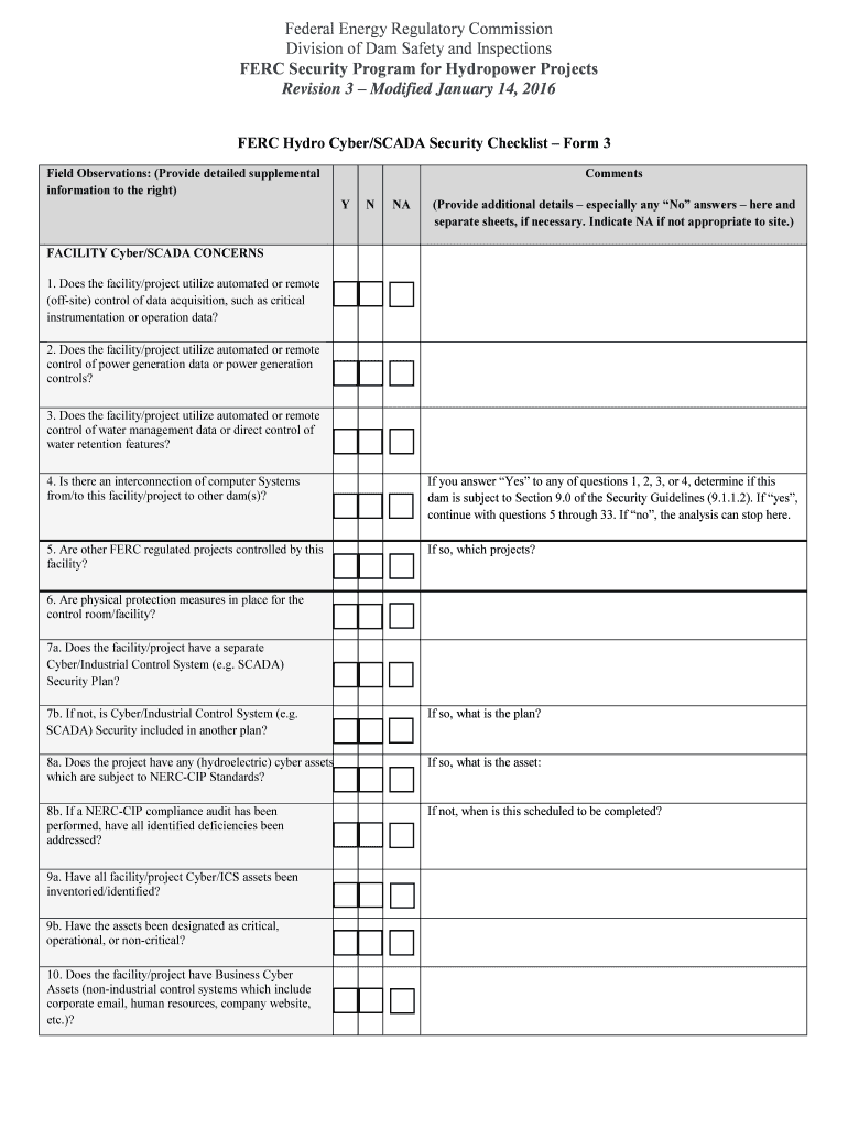 Fillable Online ferc FERC Hydro CyberSCADA Security Checklist Form 3 ...