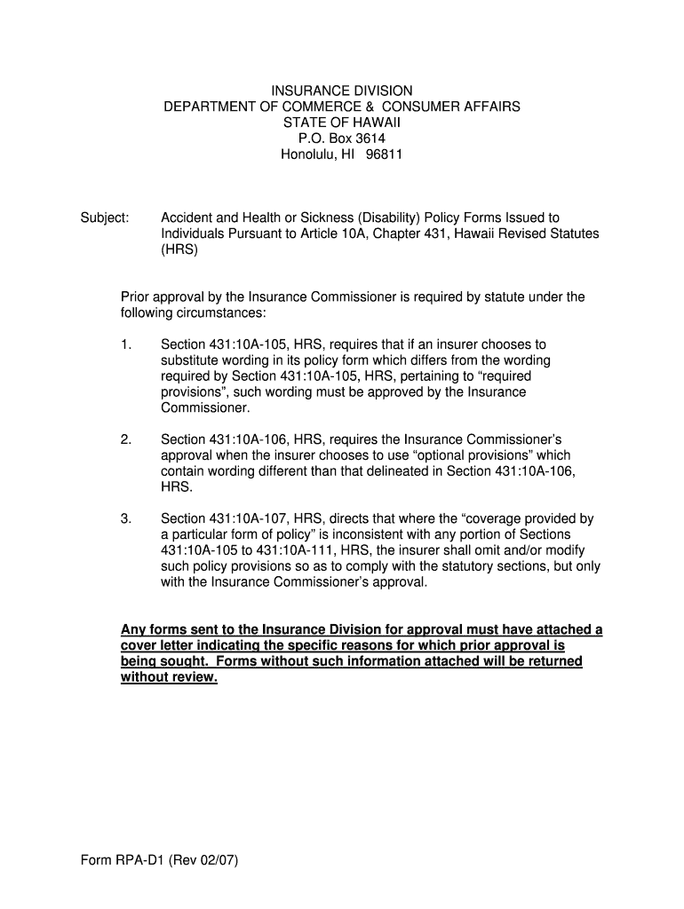 Fillable Online Form RPA-D1Rev 0207 Disability Policy Forms Form RPA ...
