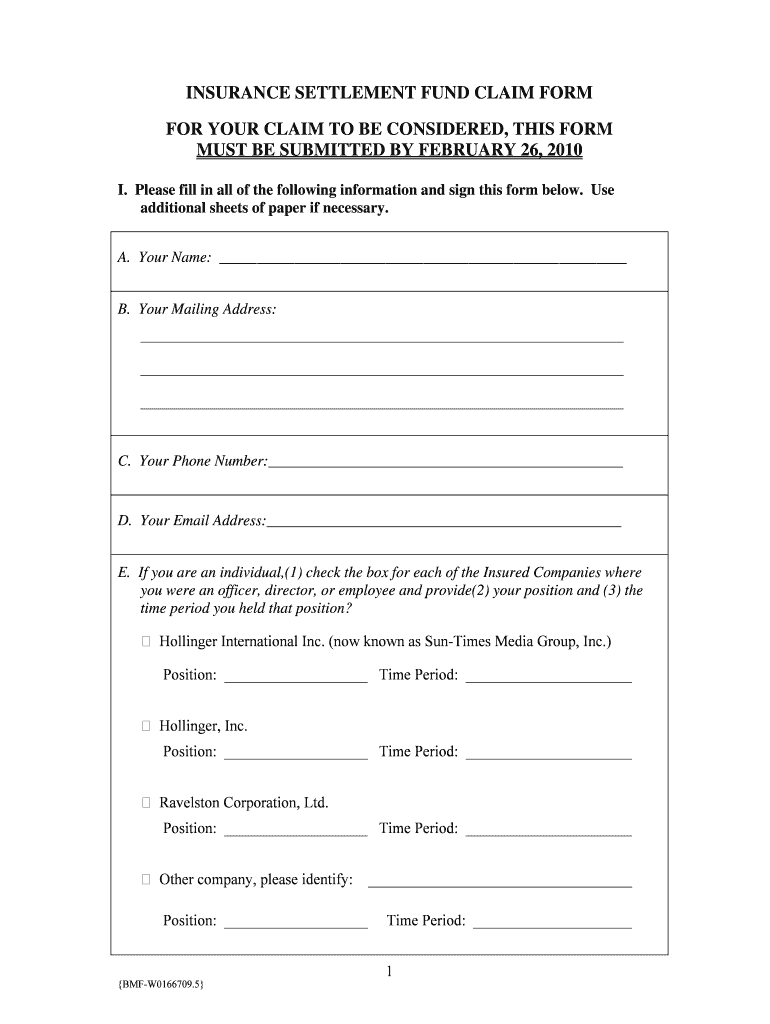 Fillable Online INSURANCE SETTLEMENT FUND CLAIM FORM FOR YOUR CLAIM TO ...