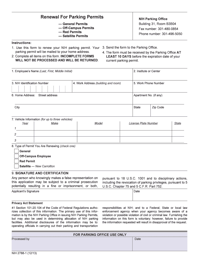 Fillable Online oma od nih FORM NIH 2788-1. Renewal for Parking Permits Fax Email Print - pdfFiller