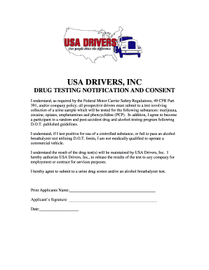Fillable Online Drug Test Consent Form - USA Drivers Fax Email Print ...