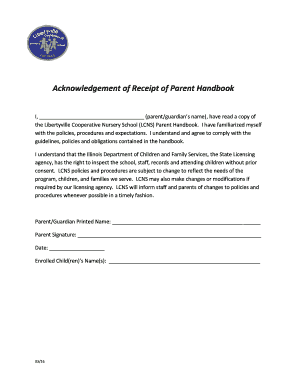 Fillable Online Acknowledgement of Receipt of Parent Handbook Fax Email ...