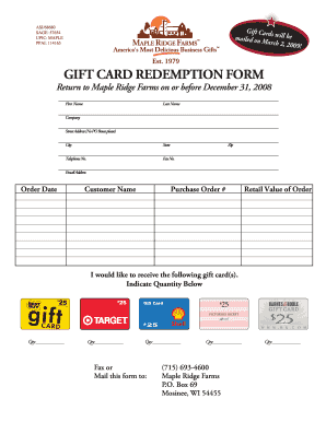 Fillable Online GIFT CARD REDEMPTION FORM - Maple Ridge Farms Fax Email ...