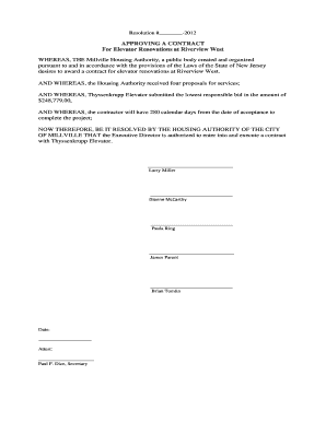 Fillable Online millvillehousing APPROVING A CONTRACT For Elevator ...