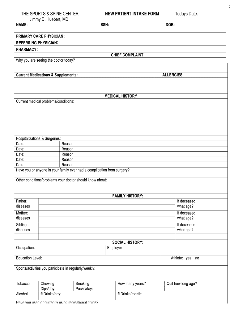 Fillable Online 7 THE SPORTS amp SPINE CENTER NEW PATIENT INTAKE FORM ...