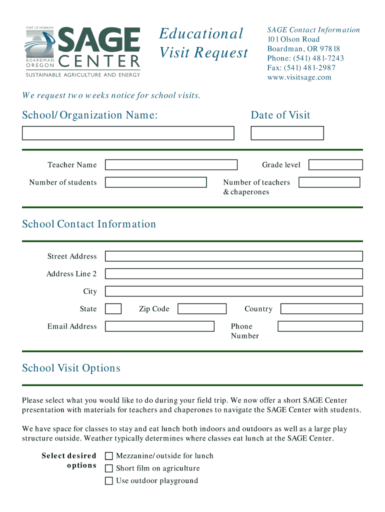 Fillable Online Educational SAGE Contact Information 101 Olson Road Visit Fax Email Print ...
