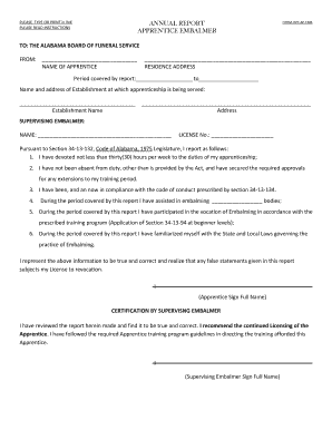 Fillable Online fsb alabama ANNUAL REPORT APPRENTICE EMBALMER Fax Email ...