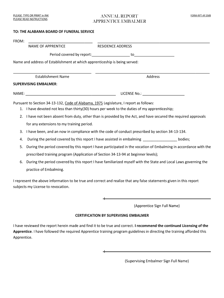 Fillable Online fsb alabama ANNUAL REPORT APPRENTICE EMBALMER Fax Email ...
