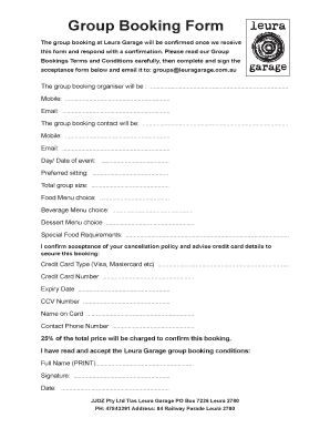 Fillable Online Group Booking Form - Leura Garage Fax Email Print ...