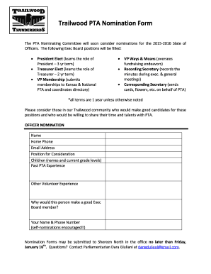 Fillable Online Trailwood PTA Nomination Form Fax Email Print - pdfFiller