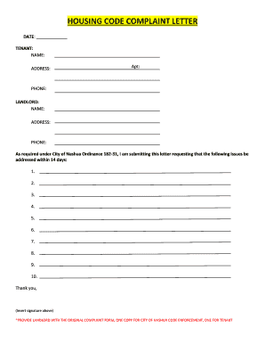 Fillable Online HOUSING CODE COMPLAINT LETTER Fax Email Print - pdfFiller