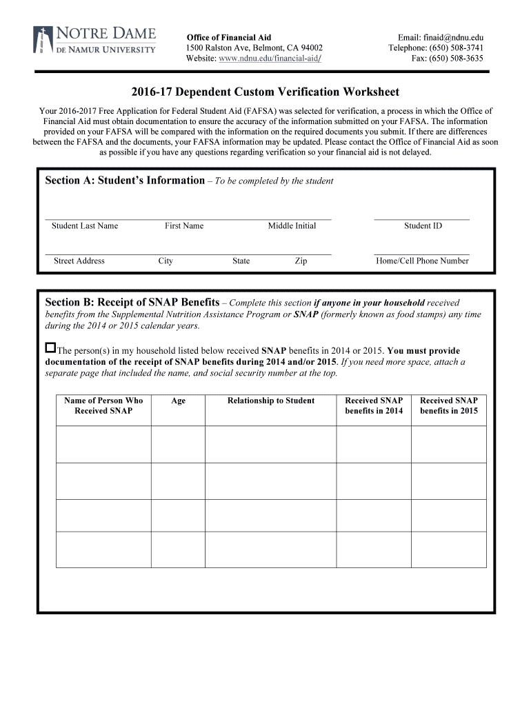 Fillable Online ndnu 16-17-Dependent-Custom-Verification-Worksheetdoc Fax Email Print - pdfFiller