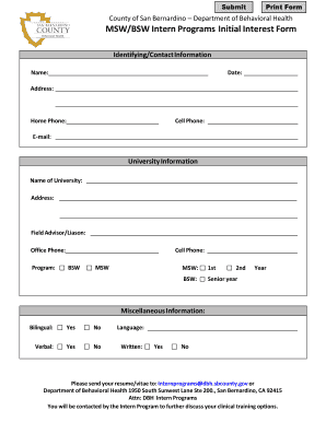 Fillable Online sbcounty MSWBSW Intern Programs Initial Interest Form ...