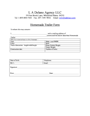 Fillable Online Homemade Trailer Form - L A Delano Agency LLC Fax Email ...