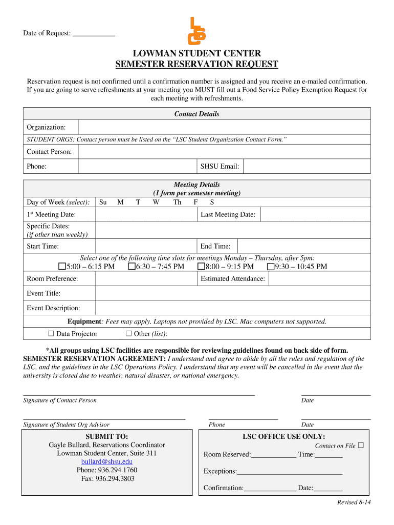 Fillable Online shsu Lowman student center semester reservation request ...