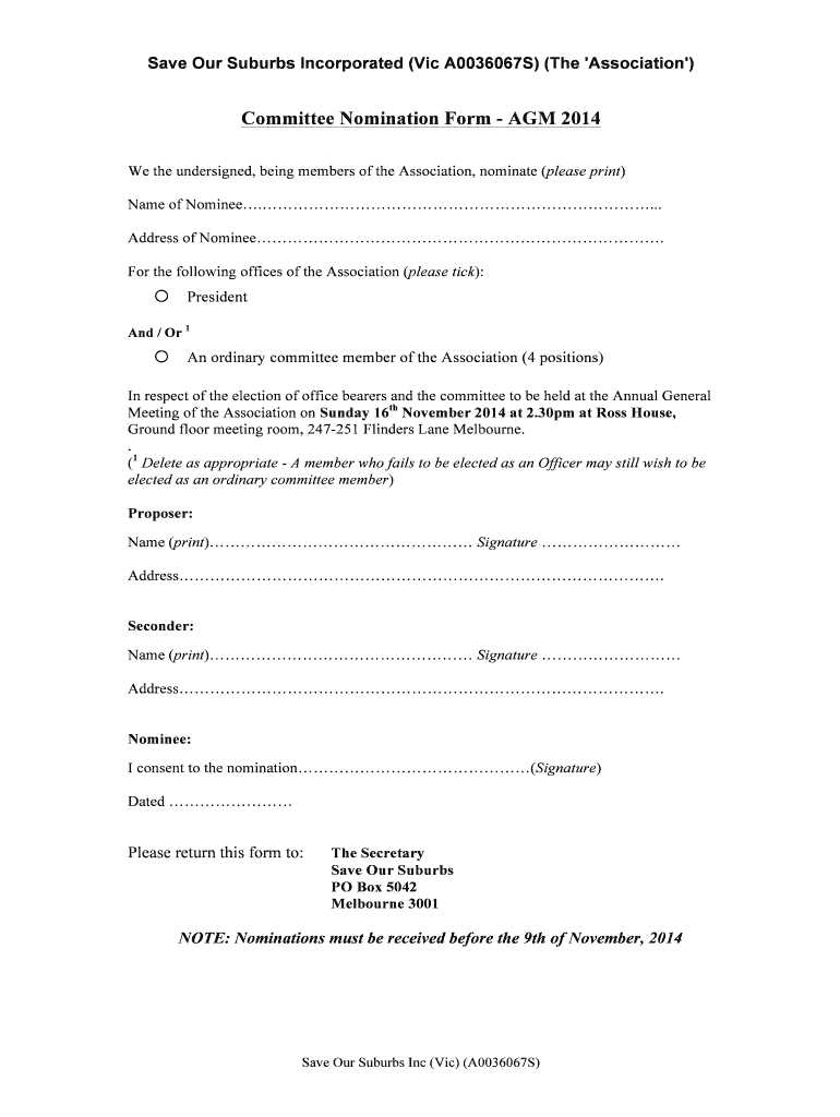 Fillable Online sos asn Committee Nomination Form - AGM 2014 - sosasnau ...