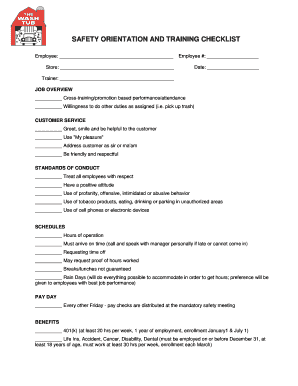 Fillable Online SAFETY ORIENTATION AND TRAINING CHECKLIST - Wash Tub ...