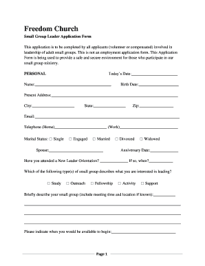 Fillable Online Small Group Leader Application bFormb - bFreedomb ...