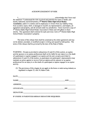 Fillable Online ACKNOWLEDGEMENT OF RISK I, , acknowledge that I have ...