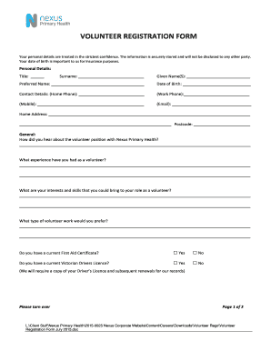 Fillable Online nexusprimaryhealth org VOLUNTEER REGISTRATION FORM ...