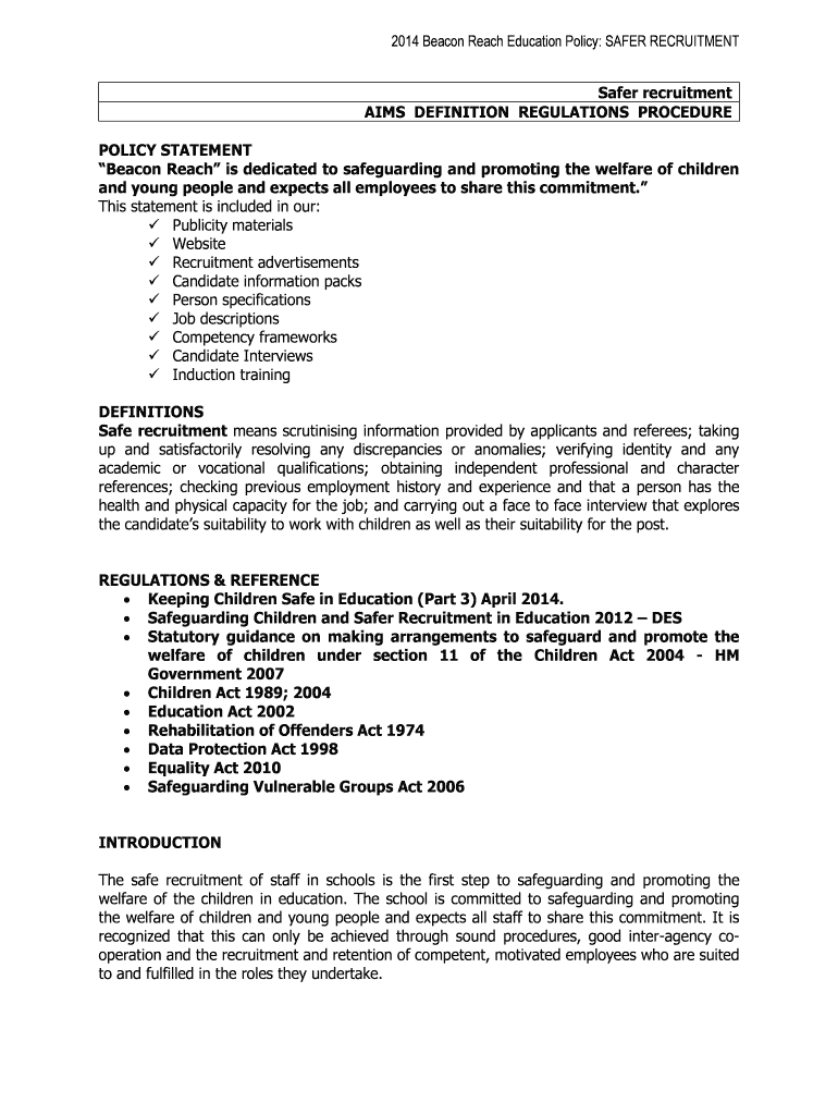 Fillable Online beaconreach co Safer recruitment AIMS DEFINITION ...