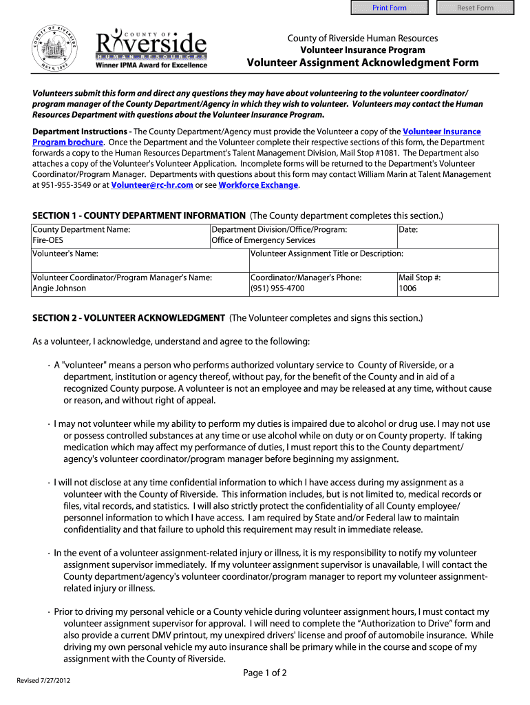 Fillable Online w6prc Volunteer Assignment Acknowledgment Form Fax ...