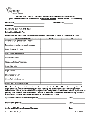 Fillable Online INITIAL and ANNUAL TUBERCULOSIS SCREENING QUESTIONNAIRE ...
