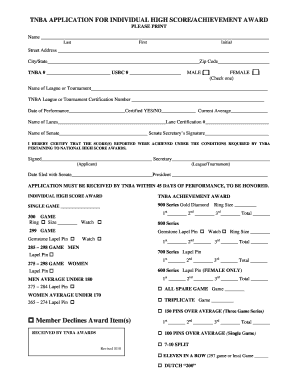 Fillable Online TNBA APPLICATION FOR INDIVIDUAL HIGH SCORE 2 Fax Email ...