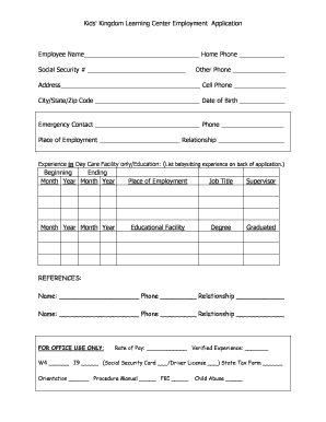 Fillable Online Kids' Kingdom Learning Center Employment Application ...