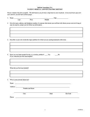 Fillable Online DuPont Associates PA PATIENT MEDICAL AND PSYCHIATRIC ...