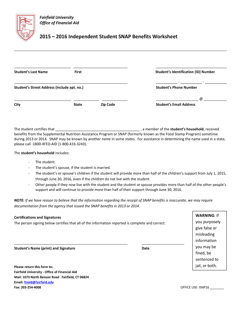 Fillable Online fairfield SNAP bBenefits Worksheetb - Fairfield ...