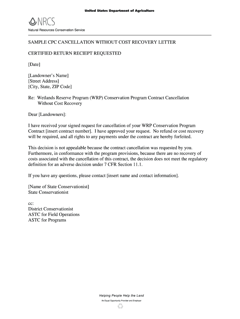 Fillable Online SAMPLE CPC CANCELLATION WITHOUT COST RECOVERY Fax Email ...