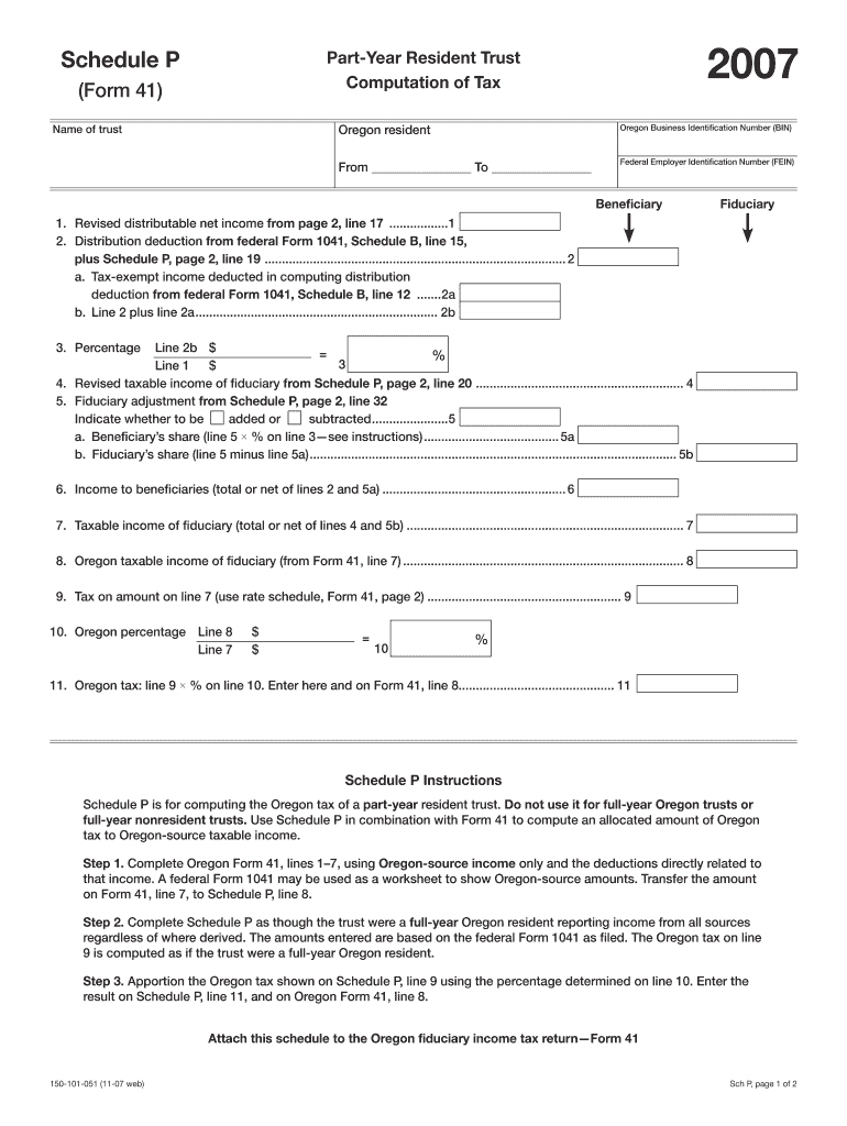 Fillable Online oregon 2007 Schedule P for Form 41 Part-Year Resident ...