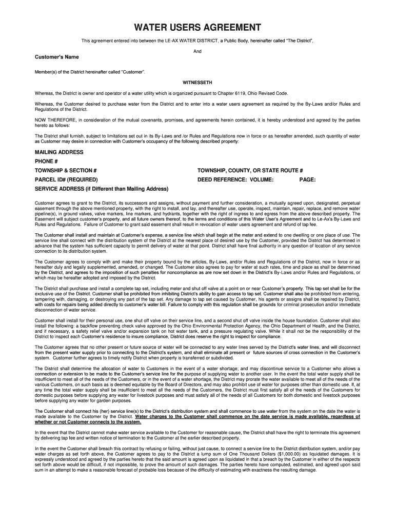 Fillable Online Water users agreement - Le-Ax Water Fax Email Print ...