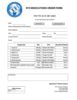 Fillable Online odh ohio STD MEDICATIONS ORDER FORM Fax Email Print ...