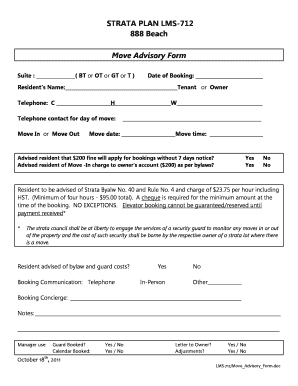 Fillable Online STRATA PLAN LMS-712 888 Beach Move Advisory Form Fax ...