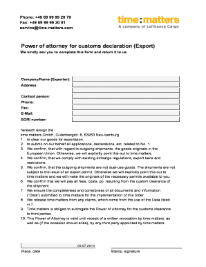 Fillable Online Power of attorney for customs declaration (Export ...