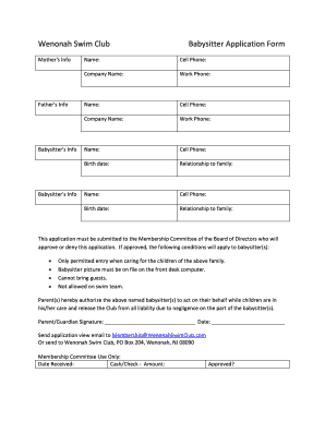 Fillable Online Wenonah Swim Club Babysitter Application Form Fax Email ...