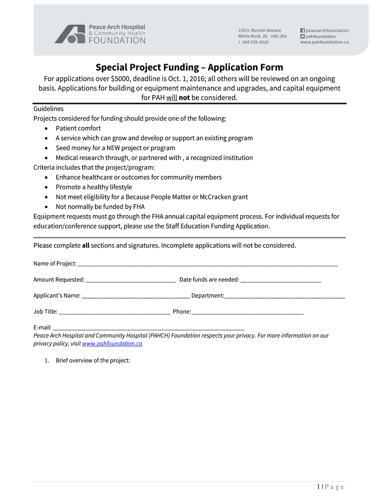 Fillable Online pahfoundation Special Project Funding Application Form - PAH Foundation Fax ...