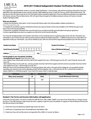 Fillable Online lmu 2010-b2011b Federal Independent Student Verification Worksheet Fax Email ...
