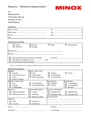 Ausfüllbar Online Reparatur- / Reklamationsbegleitschein - Minox Fax ...