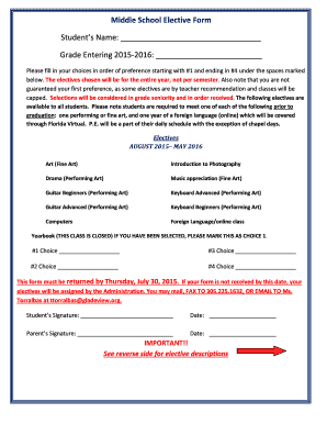 Fillable Online gladeview Middle School Elective Form Student's Name ...