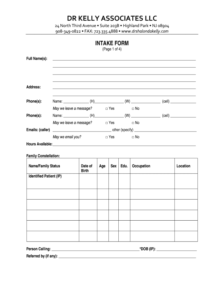Fillable Online Client Psychotherapy Intake Form - Dr. Shalonda Kelly ...