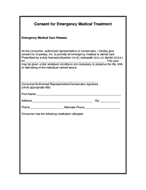 Fillable Online unyeway Consent for Emergency Medical Treatment ...