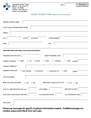 Fillable Online texhealthct GROUP CENSUS FORM please answer all ...