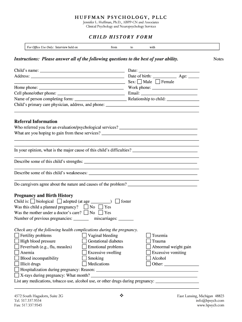 Fillable Online Child History Form 031416doc Fax Email Print - pdfFiller