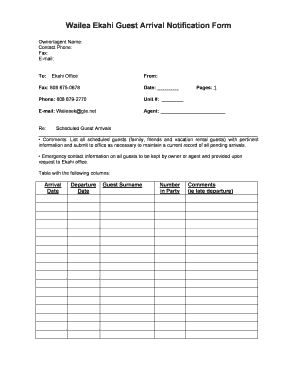 Fillable Online Wailea Ekahi Guest Arrival Notification Form ...